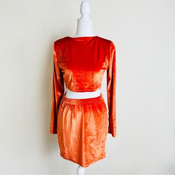 Dolls Kill | Skirts | Orange Velvet Button Long Sleeve Crop Top Cut Out ...